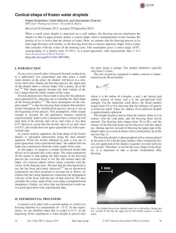 (PDF) Conical shape of frozen water droplets