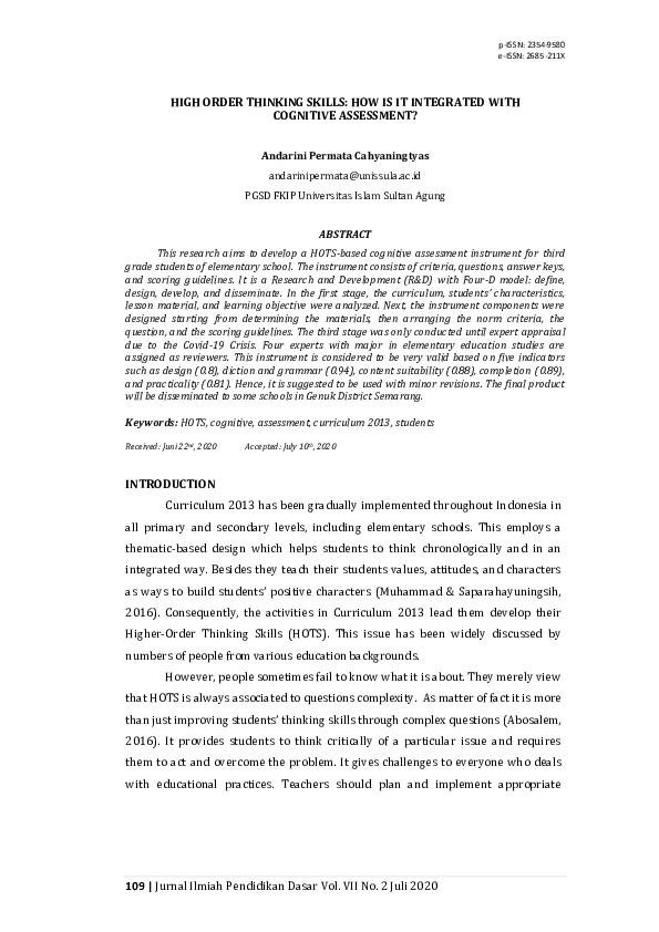 (PDF) High Order Thinking Skills: How is It Integrated with Cognitive Assessment? | yunita ...