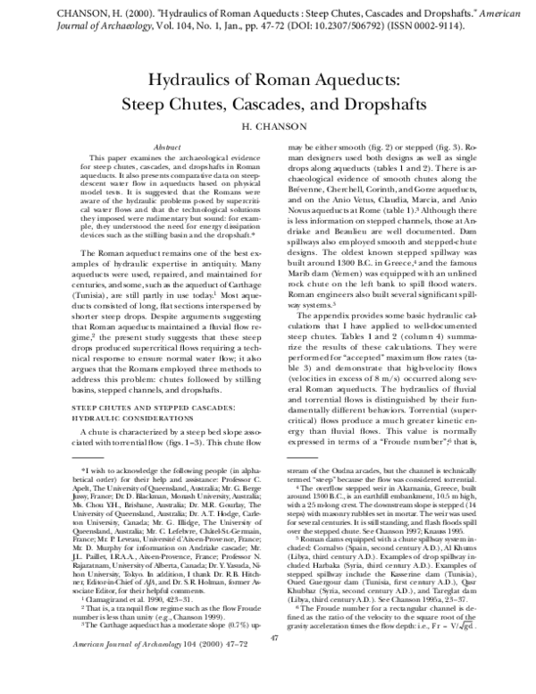 (PDF) Hydraulics of Roman Aqueducts: Steep Chutes, Cascades, and Dropshafts