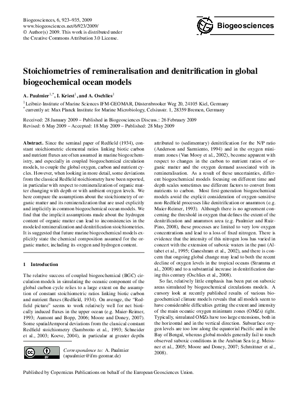 (PDF) Stoichiometries of remineralisation and denitrification in global ...
