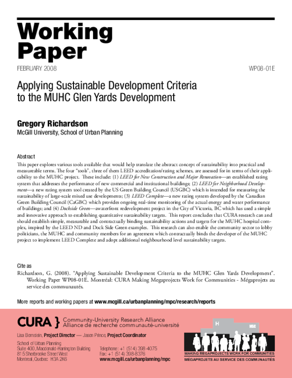 (PDF) Applying Sustainable Development Criteria to the MUHC Glen Yards ...
