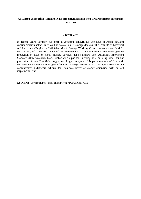 Pdf Advanced Encryption Standard Xts Implementation In Field Programmable Gate Array Hardware