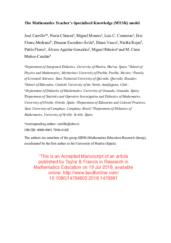 (PDF) The mathematics teacher’s specialised knowledge (MTSK) model*