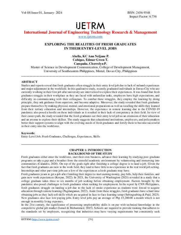 (PDF) EXPLORING THE REALITIES OF FRESH GRADUATES IN THEIR ENTRY-LEVEL JOBS