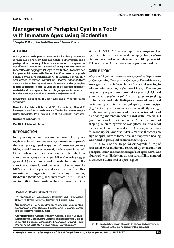 (PDF) Management of Periapical Cyst in a Tooth with Immature Apex using ...