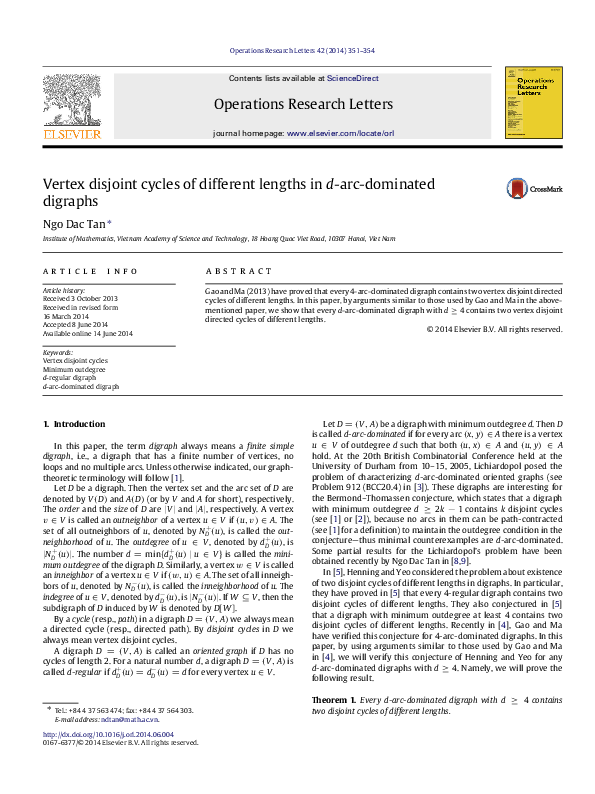 (PDF) Vertex disjoint cycles of different lengths in d-arc-dominated ...