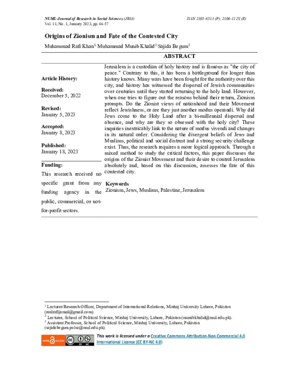 (PDF) Origins of Zionism and Fate of the Contested City
