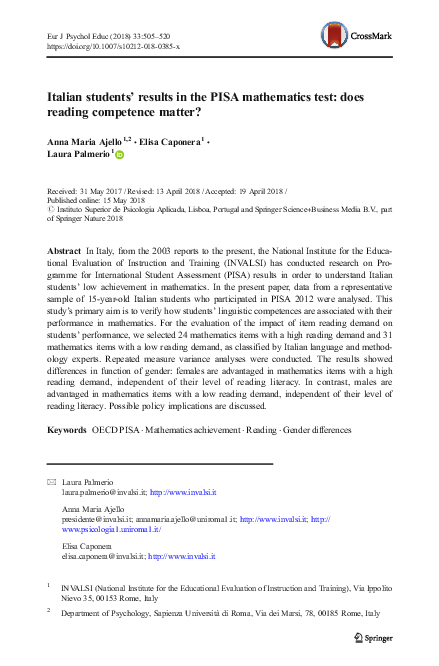 Italian students’ results in the PISA mathematics test: does reading ...