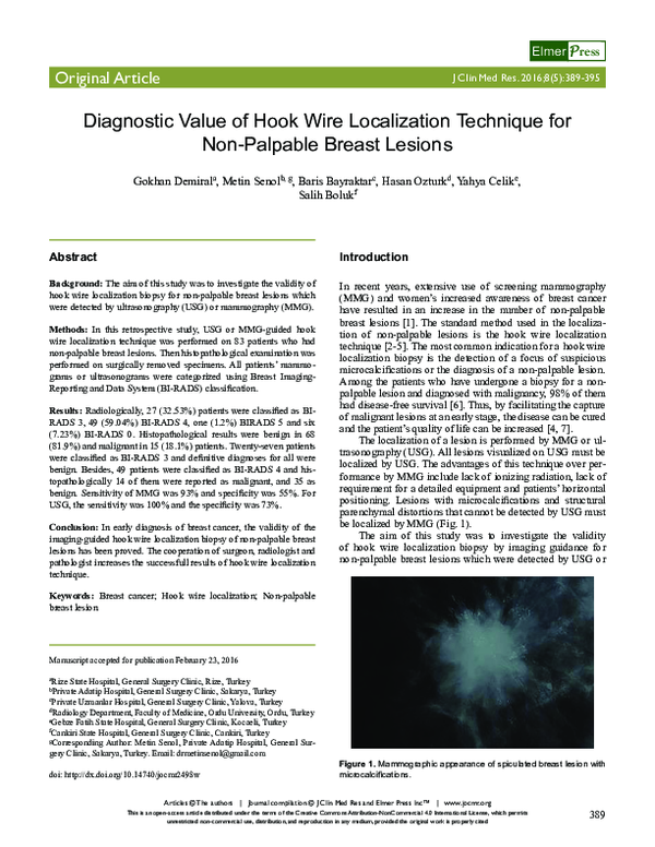 Pdf Diagnostic Value Of Hook Wire Localization Technique For Non Palpable Breast Lesions