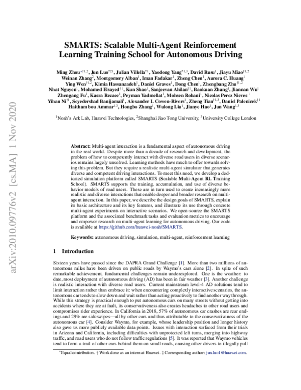 (PDF) SMARTS: Scalable Multi-Agent Reinforcement Learning Training School for Autonomous Driving
