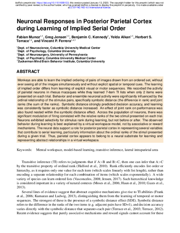 (PDF) Neuronal Responses in Posterior Parietal Cortex during Learning of Implied Serial Order