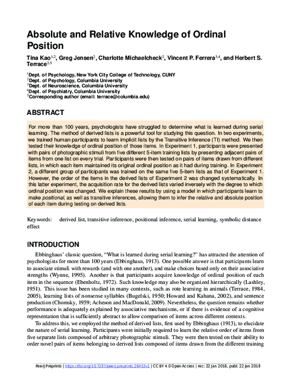 (PDF) Absolute and relative knowledge of ordinal position