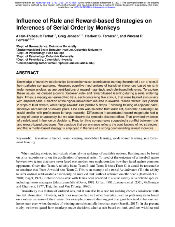 (PDF) Influence of Rule and Reward-based Strategies on Inferences of Serial Order by Monkeys