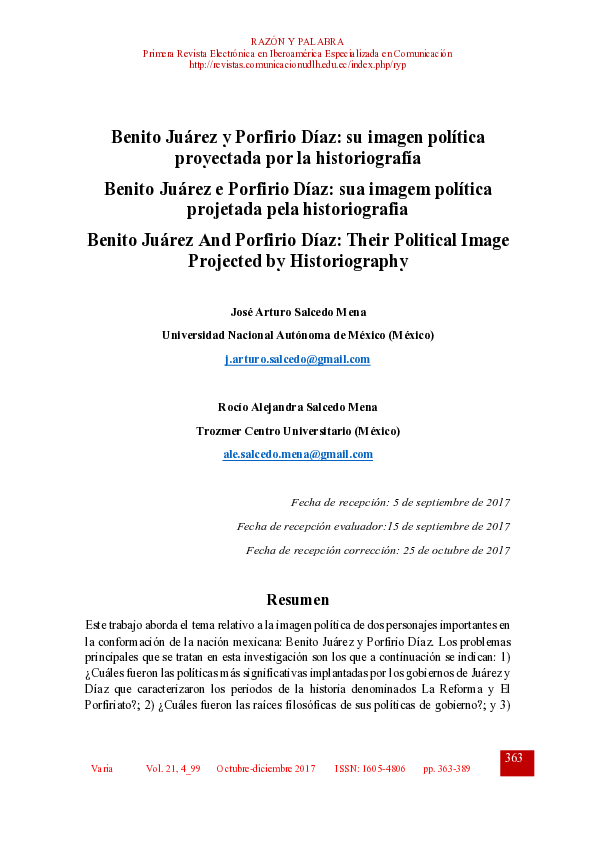 (PDF) Benito Juárez y Porfirio Díaz: su imagen política proyectada por ...