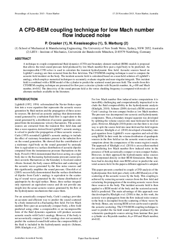 (PDF) A CFD-BEM coupling technique for low Mach number flow induced noise