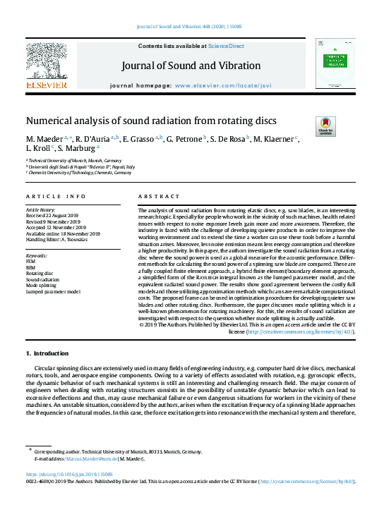 (PDF) Numerical analysis of sound radiation from rotating discs