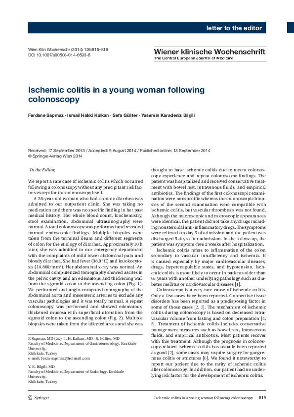 (PDF) Ischemic colitis in a young woman following colonoscopy