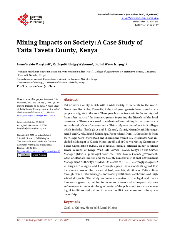 (PDF) Mining Impacts on Society: A Case Study of Taita Taveta County, Kenya