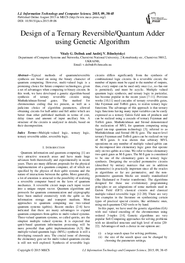 (PDF) Design of a Ternary Reversible/Quantum Adder using Genetic Algorithm