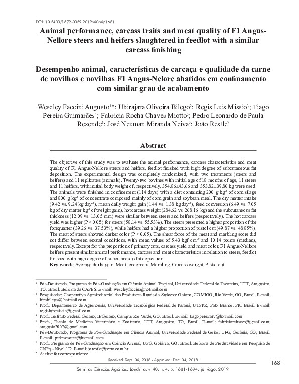 (PDF) Animal performance, carcass traits and meat quality of F1 Angus ...