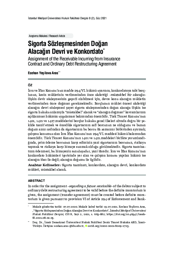 (PDF) Sigorta Sözleşmesinden Doğan Alacağın Devri ve Konkordato