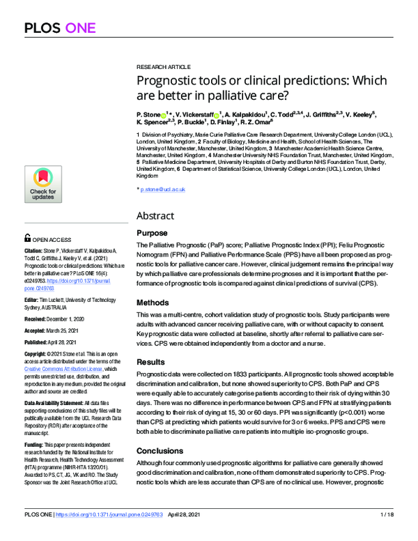 (PDF) Prognostic tools or clinical predictions: Which are better in palliative care?