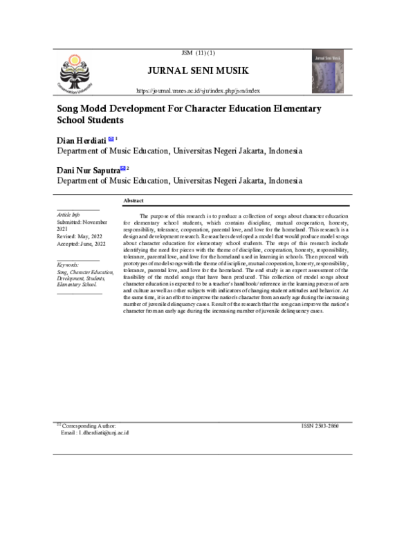 (PDF) Song Model Development For Character Education Elementary School ...