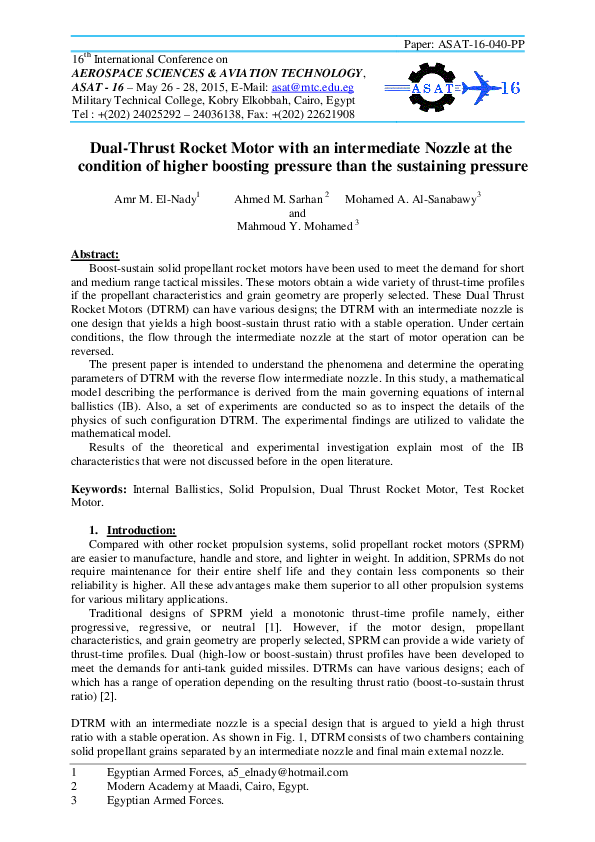 (PDF) Dual-Thrust Rocket Motor with an intermediate Nozzle at the ...
