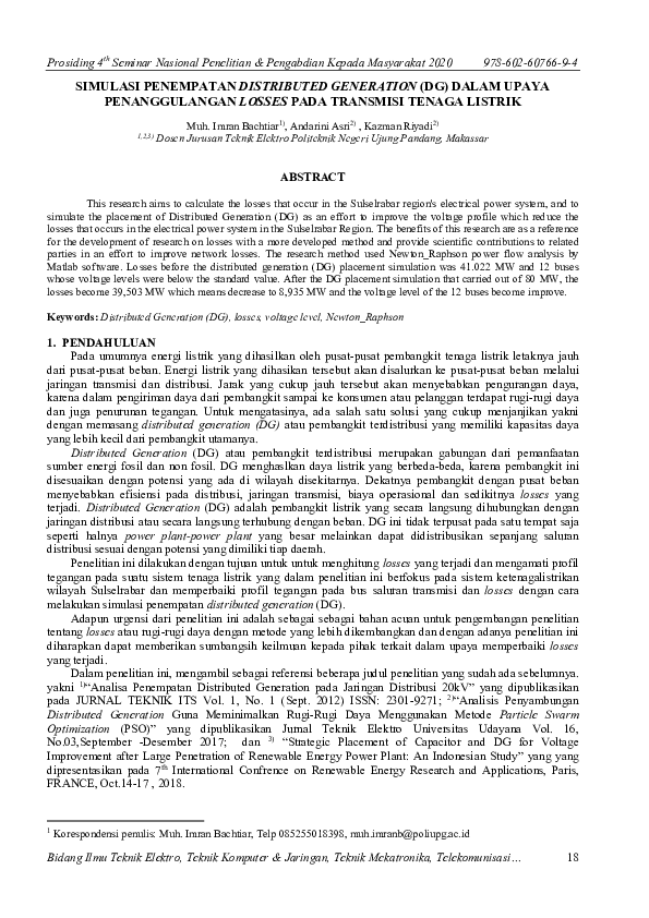 (PDF) Simulasi Penempatan Distributed Generation (DG) Dalam Upaya Penanggulangan Losses Pada ...