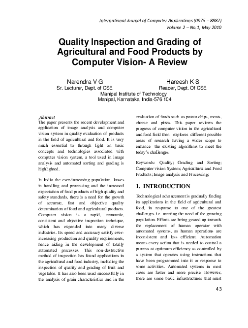 (PDF) Quality Inspection and Grading of Agricultural and Food Products by Computer Vision-a Review