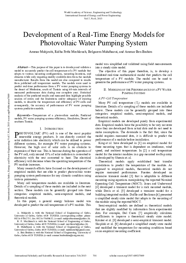 (PDF) Development Of A Real-Time Energy Models For Photovoltaic Water Pumping System