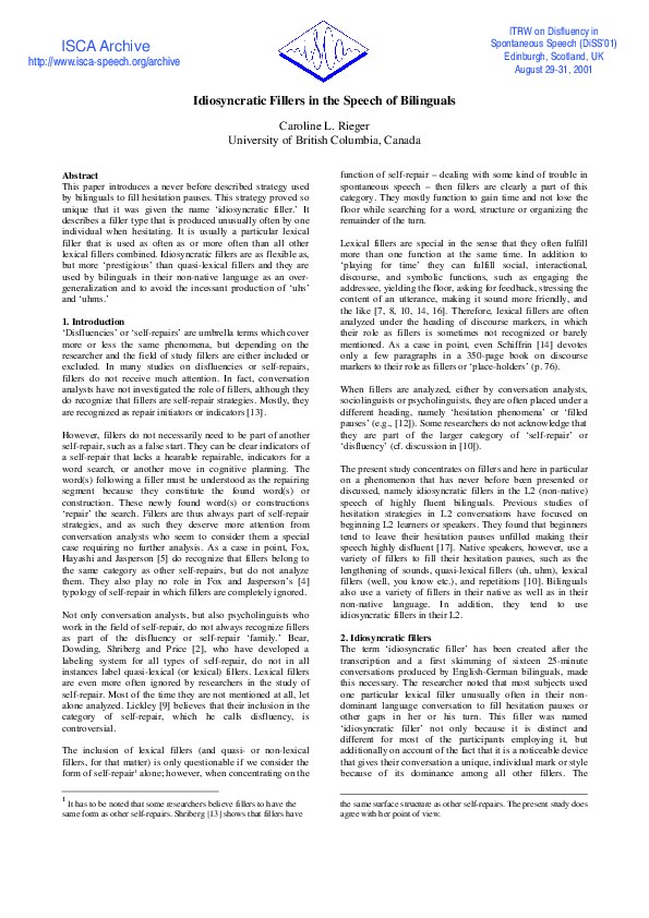 (PDF) Idiosyncratic fillers in the speech of bilinguals