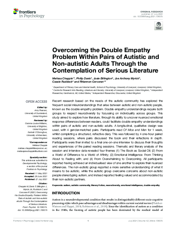 (PDF) Overcoming the Double Empathy Problem Within Pairs of Autistic ...