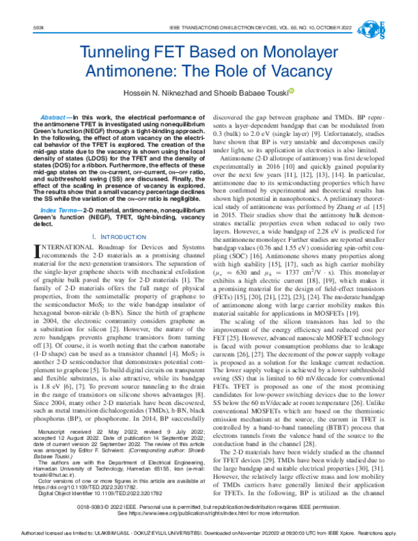 (PDF) Tunneling FET Based on Monolayer Antimonene: The Role of Vacancy