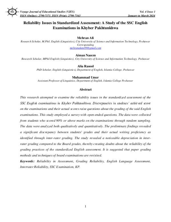 (PDF) Reliability Issues in Standardized Assessment: A Study of the SSC ...