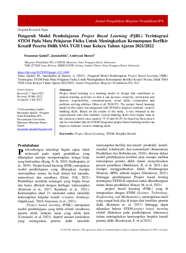 (PDF) Pengaruh Model Pembelajaran Project Based Learning (PjBL ...