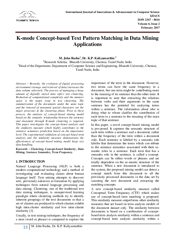 (PDF) K-mode Concept-based Text Pattern Matching in Data Mining Applications