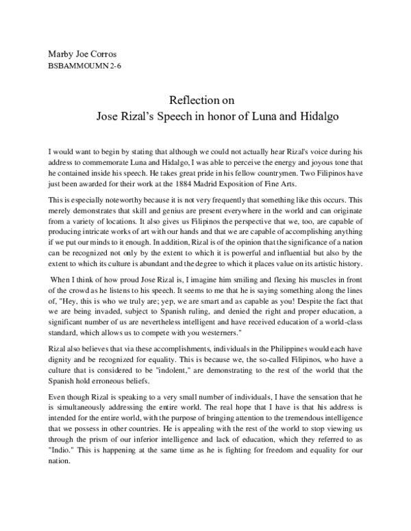 (PDF) Reflection on Jose Rizal's Speech in honor of Luna and Hidalgo