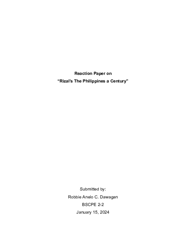 (PDF) Reaction Paper on Rizal's The Philippines a Century