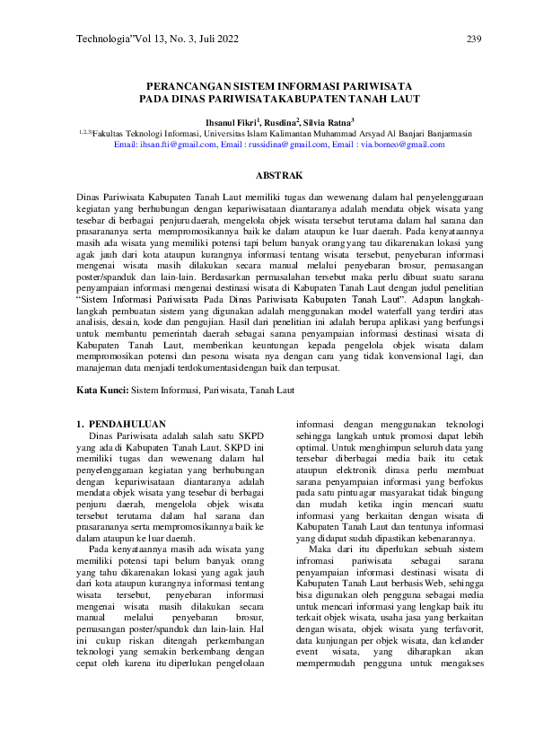 (PDF) Perancangan Sistem Informasi Pariwisata Pada Dinas Pariwisata Kabupaten Tanah Laut