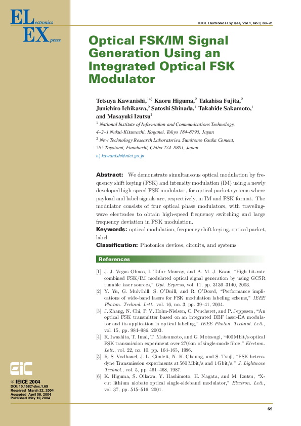 (PDF) Optical FSK/IM Signal Generation Using an Integrated Optical FSK Modulator