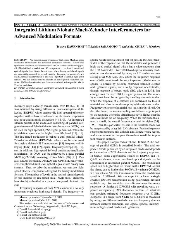 (PDF) High-Speed Mach-Zehnder Interferometers for Advanced Modulation