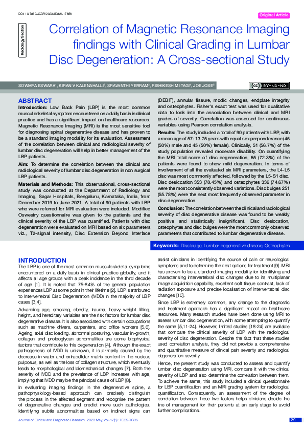 (PDF) MRI Findings and Clinical Grading in Lumbar Disc Degeneration