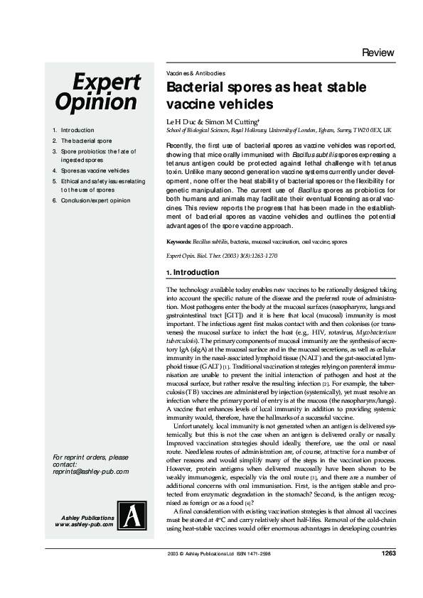 (PDF) Bacterial spores as heat stable vaccine vehicles