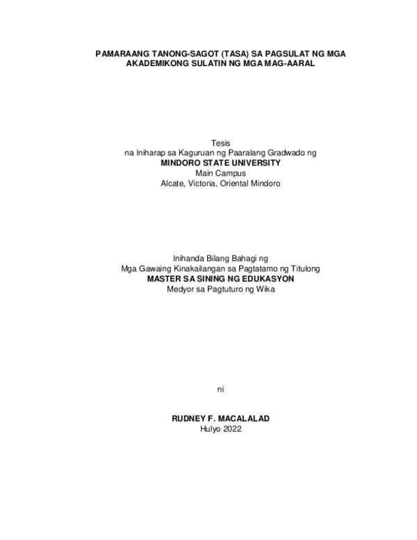(PDF) Pamaraang Tanong Sagot (TASA) sa Pagsulat ng mga Akademikong Sulatin ng mga Mag aaral