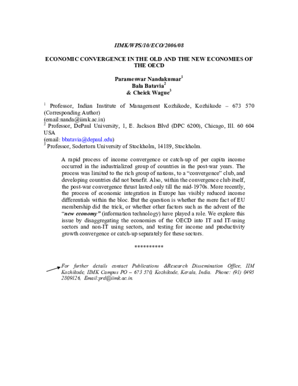 (PDF) Economic Convergence in the Old and the New Economies of the OECD