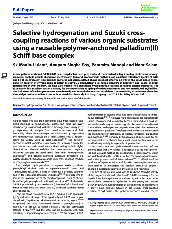 (PDF) Selective hydrogenation and Suzuki cross-coupling reactions of ...