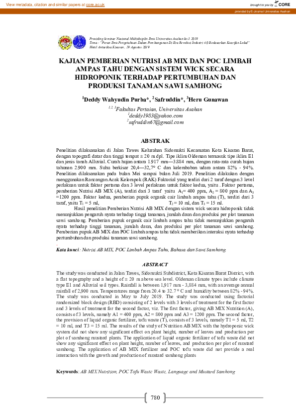 (PDF) Kajian Pemberian Nutrisi Ab MIX Dan Poc Limbah Ampas Tahu Dengan Sistem Wick Secara ...