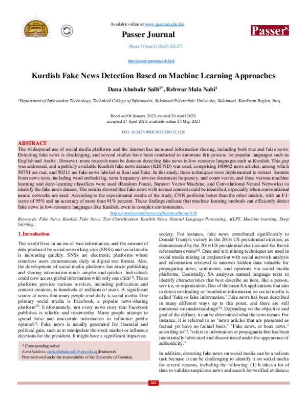 (PDF) Kurdish Fake News Detection Based on Machine Learning Approaches