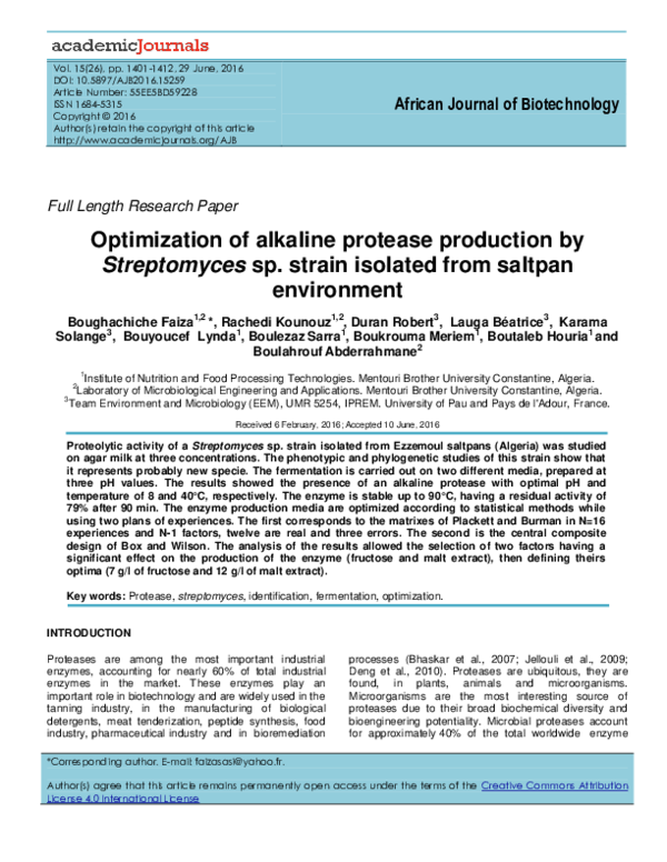 (PDF) Optimization of alkaline protease production by Streptomyces sp. strain isolated from ...
